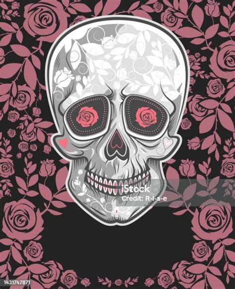 장미 무늬의 꽃이있는 검은 배경에 두개골 실루엣 죽은 날과 할로윈 디자인 인쇄 배너 복사 공간이있는 포스터를위한 벡터 일러스트 레이 션 검은색에 대한 스톡 벡터 아트 및