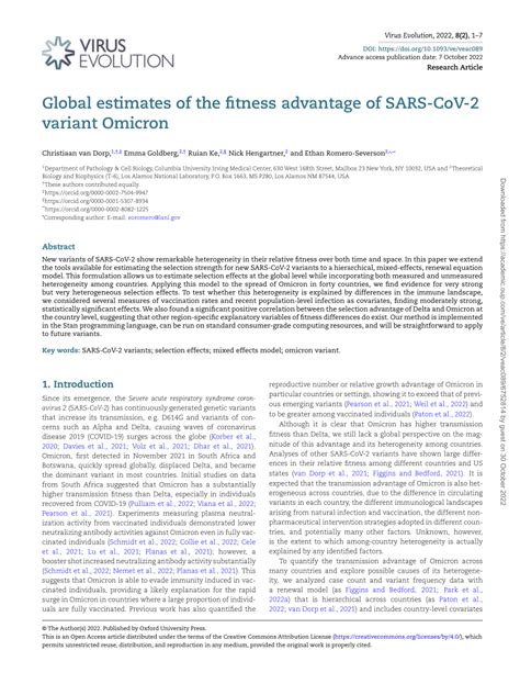 Pdf Global Estimates Of The Fitness Advantage Of Sars Cov 2 Variant