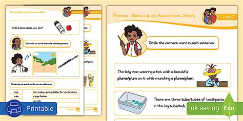 Grade 2 Phonics Silent E U E Assessment Sheet Twinkl