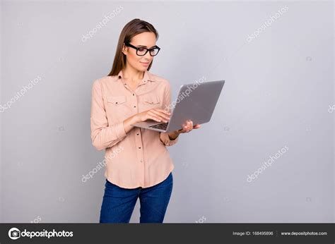 Charming Clever Lady In A Beige Formal Smart Casual Shirt Is Sta