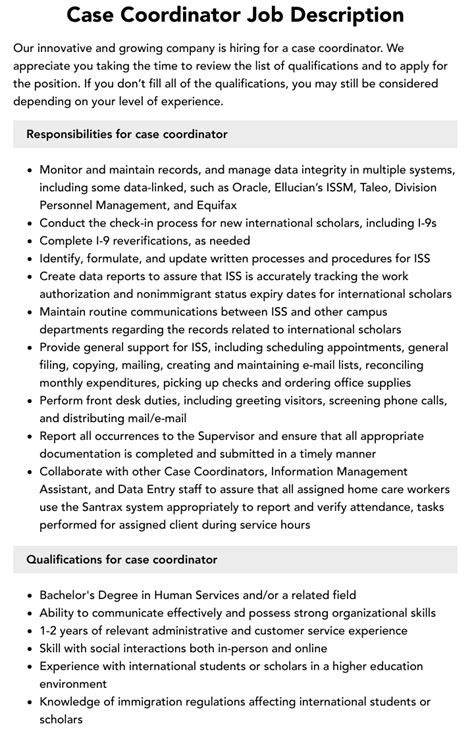 Case Coordinator Job Description Velvet Jobs