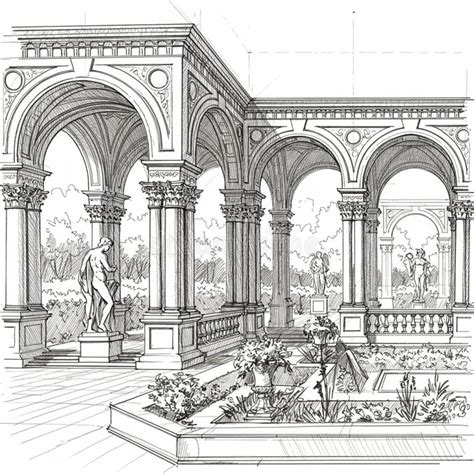 Classical Architectural Sketch Depicting A Colonnade With Ornate Arches