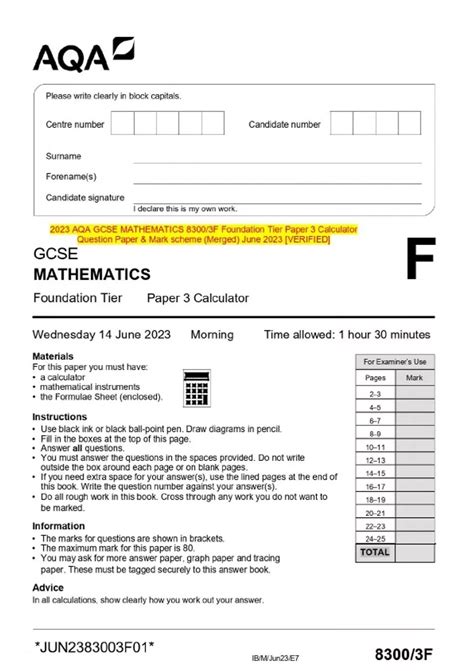 2023 Aqa Gcse Mathematics 8300 3f Foundation Tier Paper 3 Calculator Question Paper And Mark
