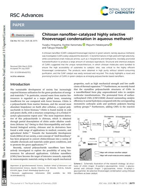Pdf Chitosan Nanofiber Catalyzed Highly Selective Knoevenagel Condensation In Aqueous Methanol