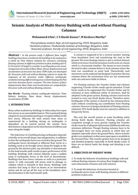 Irjet Seismic Analysis Of Multi Storey Building With And Without Floating Columns Pdf Civil