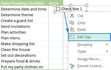 Insert Checkbox In Excel Create Interactive Checklist Or To Do List Party Planning Checklist