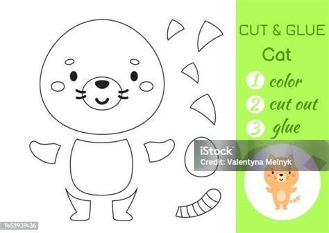 색칠 잘라 및 접착제 종이 작은 고양이 공예품 활동 페이지를 잘라내어 붙여 넣습니다 미취학 아동을위한 교육 게임 Diy 워크 시트 어린이 논리 게임 퍼즐 벡터 스톡 일러스트