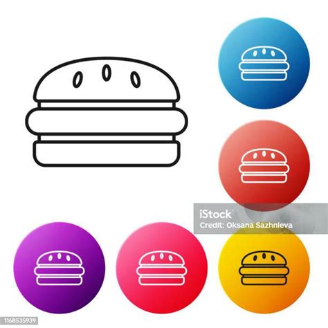 흰색 배경에 격리 된 검은 선 버거 아이콘입니다 햄버거 아이콘입니다 치즈 버거 샌드위치 기호입니다 패스트 푸드 메뉴 아이콘 다채로운 원 버튼을 설정합니다 벡터 일러스트레이션
