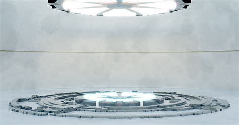 3d 렌더링 대형 흰색 객실은 중앙에 미래 지향적인 공상 과학 플랫폼을 갖춘 스튜디오로 위와 아래에서 네온 램프로 조명되어 있습니다 당신의 모형에 대한 배경 Dj에 대한