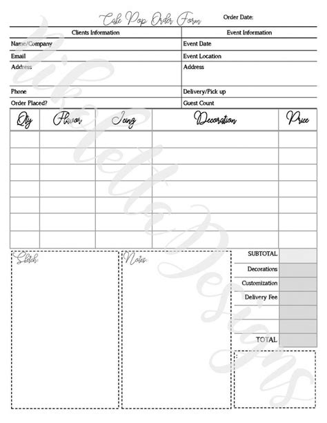 Cookie Order Form Template Bakery Order Form Cake Order Template Excel