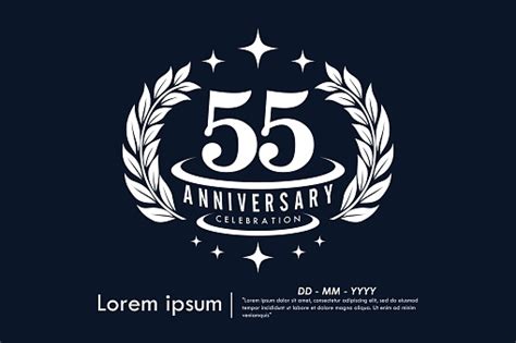 창립 55주년 기념 엠블럼 축하 기념일 로고는 검은 배경에 월계관과 별과 함께 격리되어 있습니다 웹 전단지 포스터 인사말 카드에 대한 벡터 일러스트 레이 션 템플릿 디자인