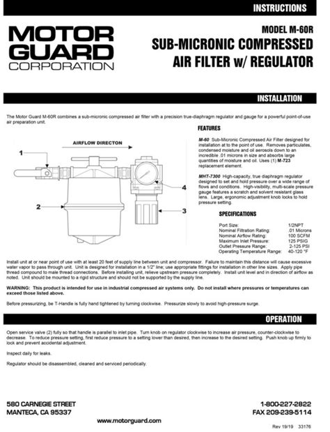 M 60r Sub Micronic Compressed Air Filter With Regulator Motor Guard