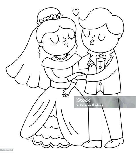 벡터 흑백 그림 키스 신부와 신랑 귀여운 부부 결혼식 라인 아이콘입니다 신혼 부부와의 만화 결혼 색칠하기 첫 키스 신부에 대한 스톡 벡터 아트 및 기타 이미지 Istock
