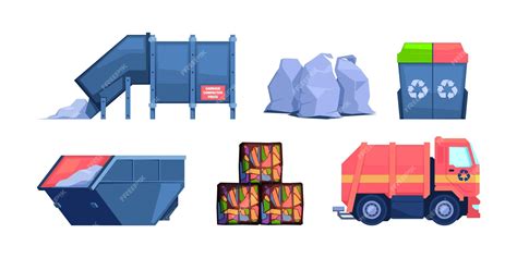 청소 및 재활용 쓰레기 차량 불도저 분류 기계를 위한 재활용 운송 산업은 분리된 쓰레기 벡터 플랫 그림 세트 프리미엄 벡터