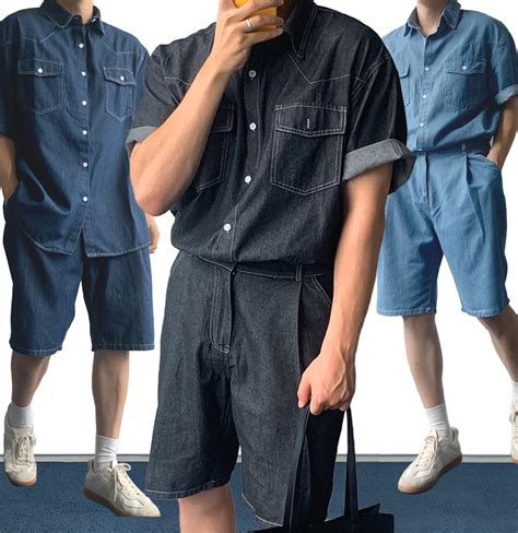 맨즈무드 [set][히든밴딩] 남자친구선물 데님 반팔 셔츠 반바지 세트 남자 오버핏 셋업 청남방 진청 흑청 연청 청청 남성 세미오버핏 생지 팬츠 바지 남친룩 데일리룩 여름