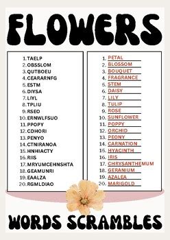 Flowers Vocabulary Words Scramble Puzzle Worksheet Activity