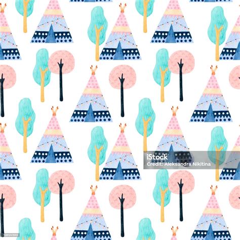 수채화 티피 매끄러운 패턴 위그웜 아메리카 원주민 여름 텐트 일러스트 민족 티피 또는 위그웜 세련된 손으로 그린 일러스트가 있는 보호 스타일 패턴 아메리카 원주민 장식 배경