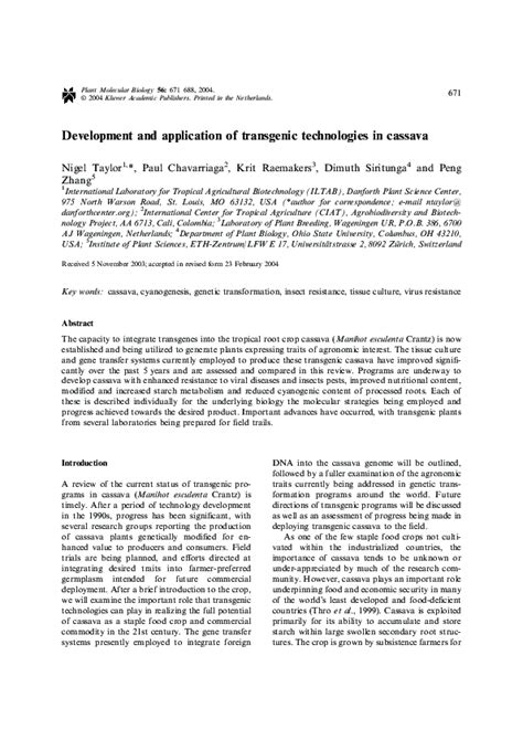 Pdf Development And Application Of Transgenic Technologies In Cassava