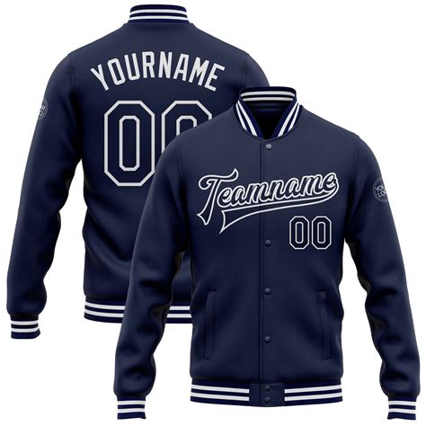Custom Navy White Bomber Full Snap Varsity Letterman Jacket Baseball