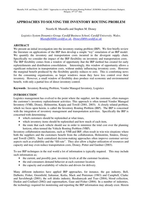 Pdf Approaches To Solving The Inventory Routing Problem