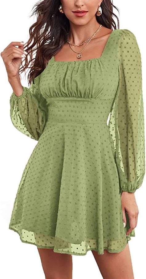 Lyaner Womens Polka Dots Square Neck A Line Long Sleeve Swiss Dots