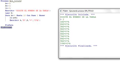 PROGRAMACIÓN DE SOFTWARE 1003 CICLO PARA TABLA DE MULTIPLICAR PSEINT