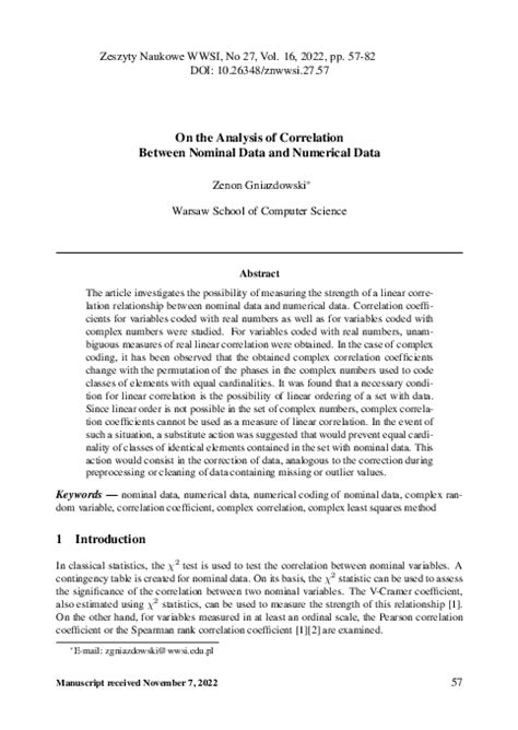 Pdf On The Analysis Of Correlation Between Nominal Data And Numerical