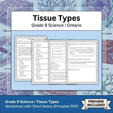 Grade 9 Science Tissue Types Worksheet With Short Notes Printable Pdf
