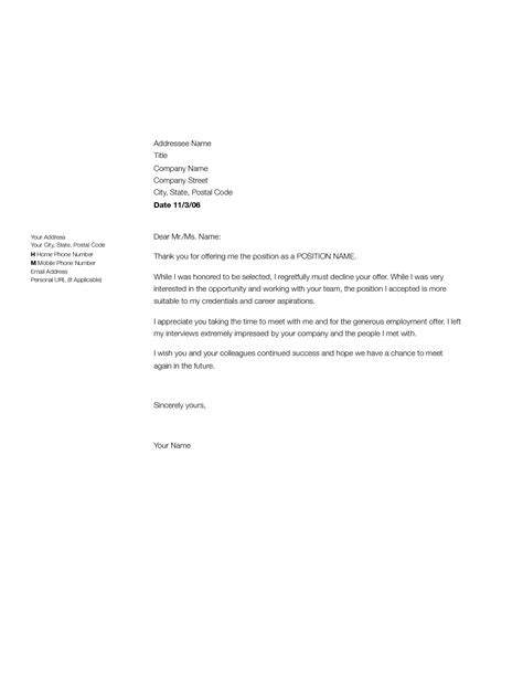 Job Decline Letter Sample Employment Rejection Letter To Let An Employer Know That You Are Not