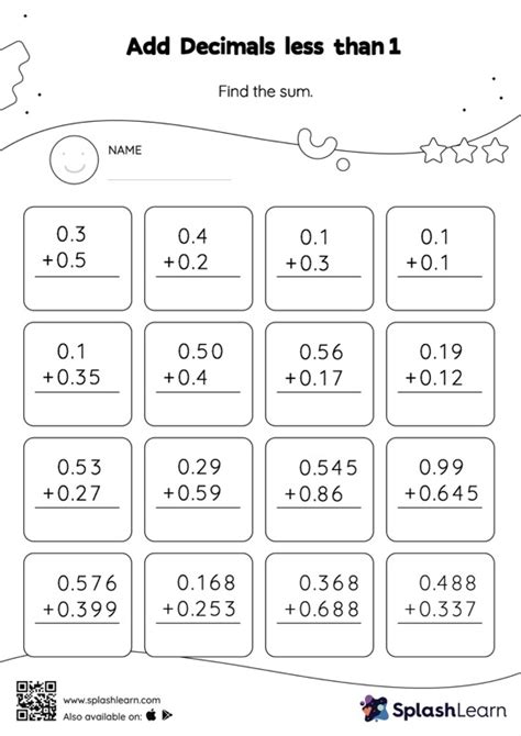 Add Decimals Less Than 1 Vertical Addition Worksheet