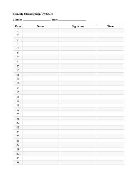 Monthly Cleaning Sign Off Sheet Pdf