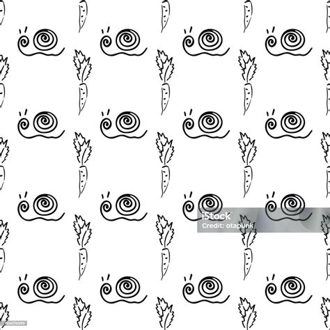 당근 채소 잎과 달팽이 원활한 패턴 벡터 단순화 된 복고풍 그림입니다 포장 또는 스크랩북 종이 배경 유치 한 스타일 낙서