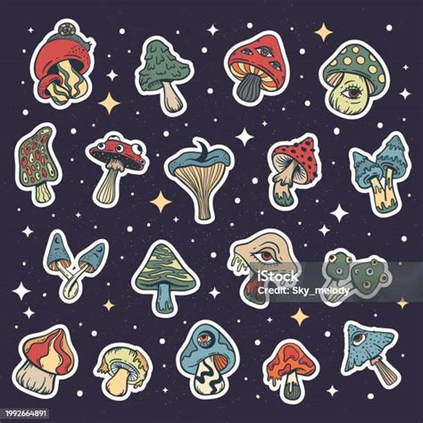 Trippy 환각 버섯 스티커 세트 귀여운 낙서 스케치 손으로 그린 스타일 벡터 일러스트 레이 션 1960 1969 년에 대한 스톡 벡터 아트 및 기타 이미지 Istock