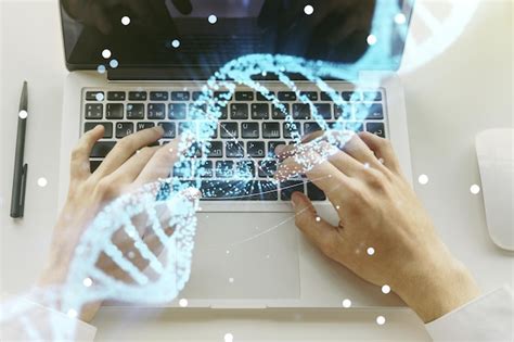 Premium Photo Creative Dna Sketch And Hands Typing On Computer Keyboard On Background