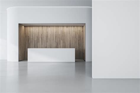 벽면 흰색 벽에 모의 공간이 있는 현대적인 사무실 로비 내부 및 목재 설치 호텔 또는 대기 공간 개념 3d 렌더링이 있는 리셉션 데스크 프리미엄 사진