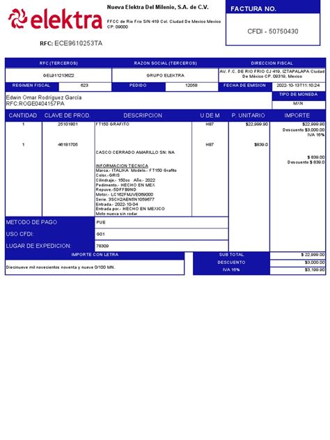 Factura Cfdi Moto Italika Elektra Pdf