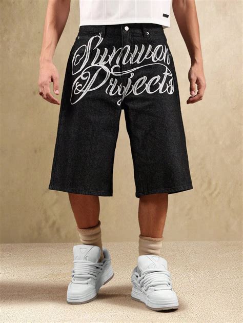 Sumwon Signature Collection Denim Cargo Shorts With Script Embroidery