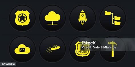Set Cloud Mail Server Folder Tree Ufo Flying Spaceship And Alien Police Badge Rocket With Fire