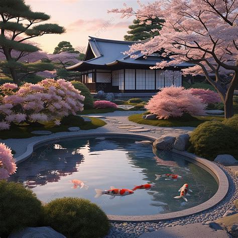 Tranquil Japanese Garden With Koi Pond And Cherry Blossoms Background