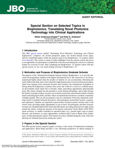 Pdf Special Section Guest Editorial Special Section On Selected Topics In Biophotonics