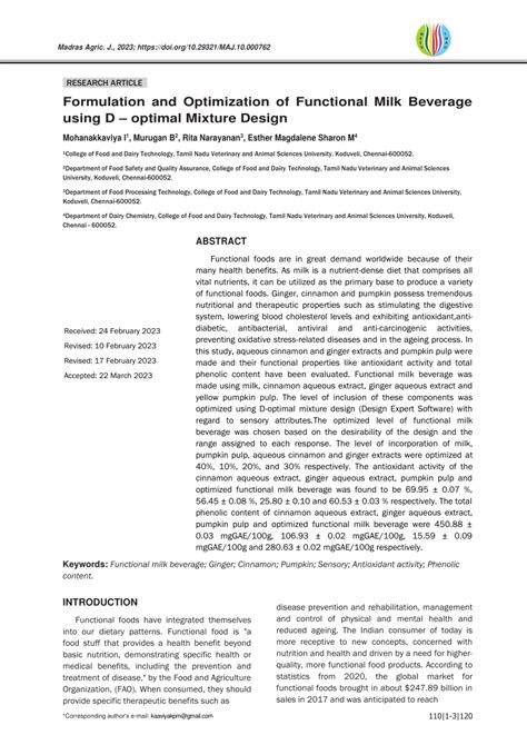 Pdf Formulation And Optimization Of Functional Milk Beverage Using D