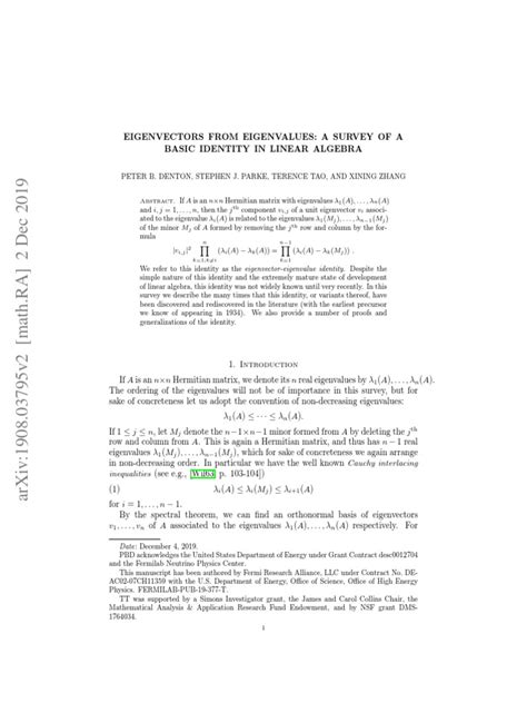 Eigenvector Eigenvalue Identity Survey Pdf Eigenvalues And Eigenvectors Matrix Mathematics