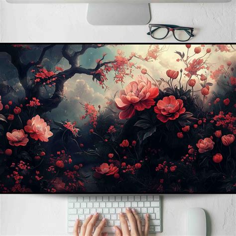 Crimson Blossoms In Rain Mist Desk Mat Gaming Mouse Pad Large