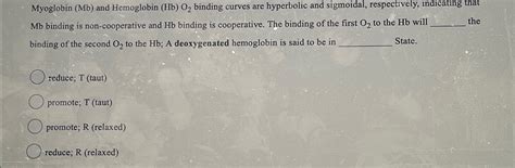 Solved Myoglobin Mb ﻿and Hemoglobin Hb O2 ﻿binding Curves