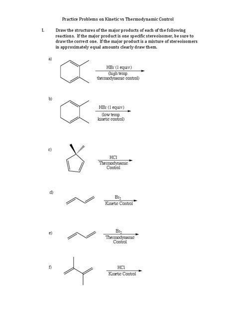 Practice Problems On Kinetic Vs Thermodynamic Control Pdf Chemistry