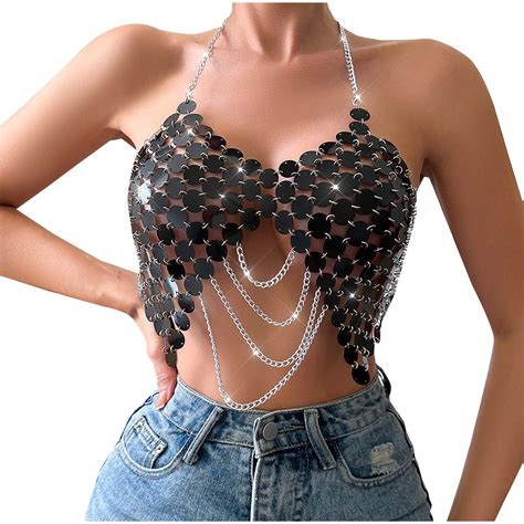 Mittory Women Sequin Skirt See Through Crop Top Halter Body Chain