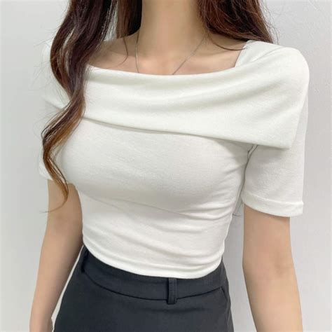 설렘옷장 흘러내림 없는 트임 카라 오프 숄더 크롭 반팔 티셔츠