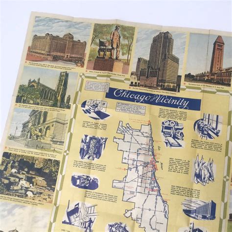1940s Lithographed Map Of Chicago Illinois With Landmarks Etsy