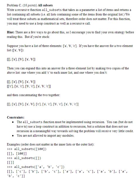 Solved Problem C Points All Subsets Write A Recursive Chegg