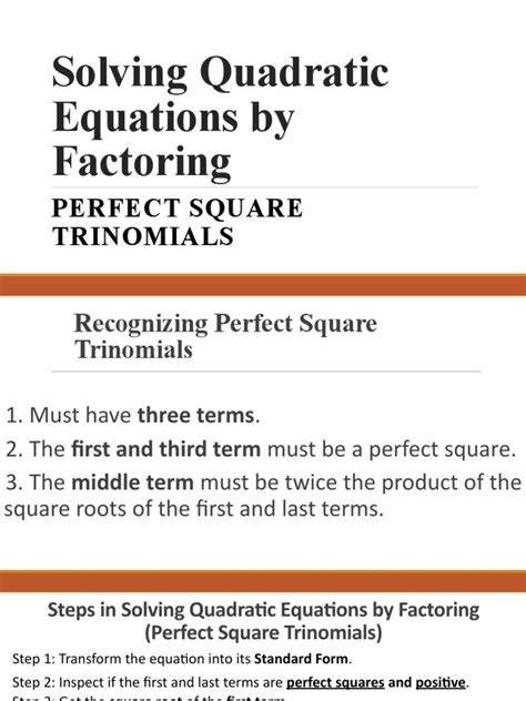 Solving Quadratic Equations By Factoring Perfect Square Trinomials Pdf